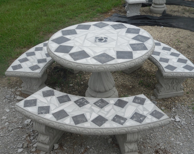 Concrete Patio Table Set: 42'' Round Tile Inlay Table With Benches - Etsy