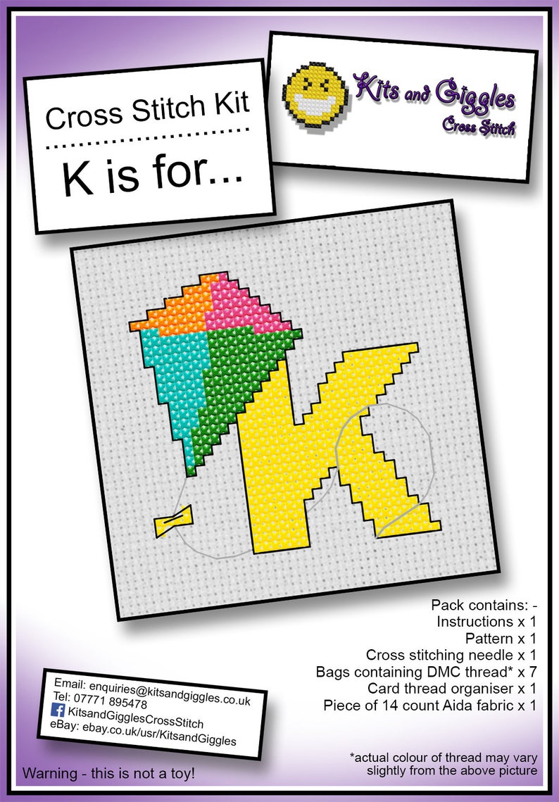 K is For... Kite Mini Alphabet Cross Stitch Kit With DMC Thread, 5x5 Cm ...