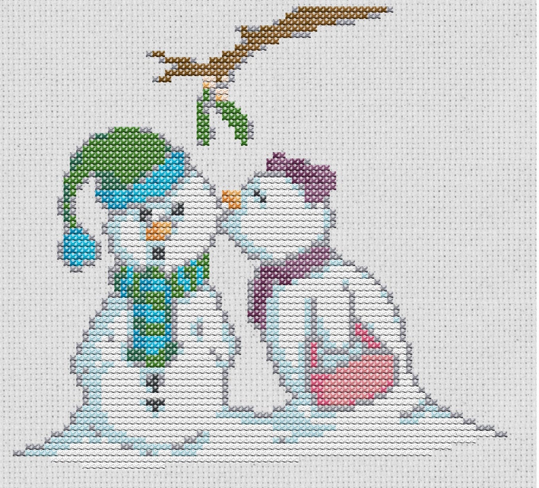 Kissing Snowmen Cross Stitch Kit With DMC Threads 14.5x13cm Snowman ...