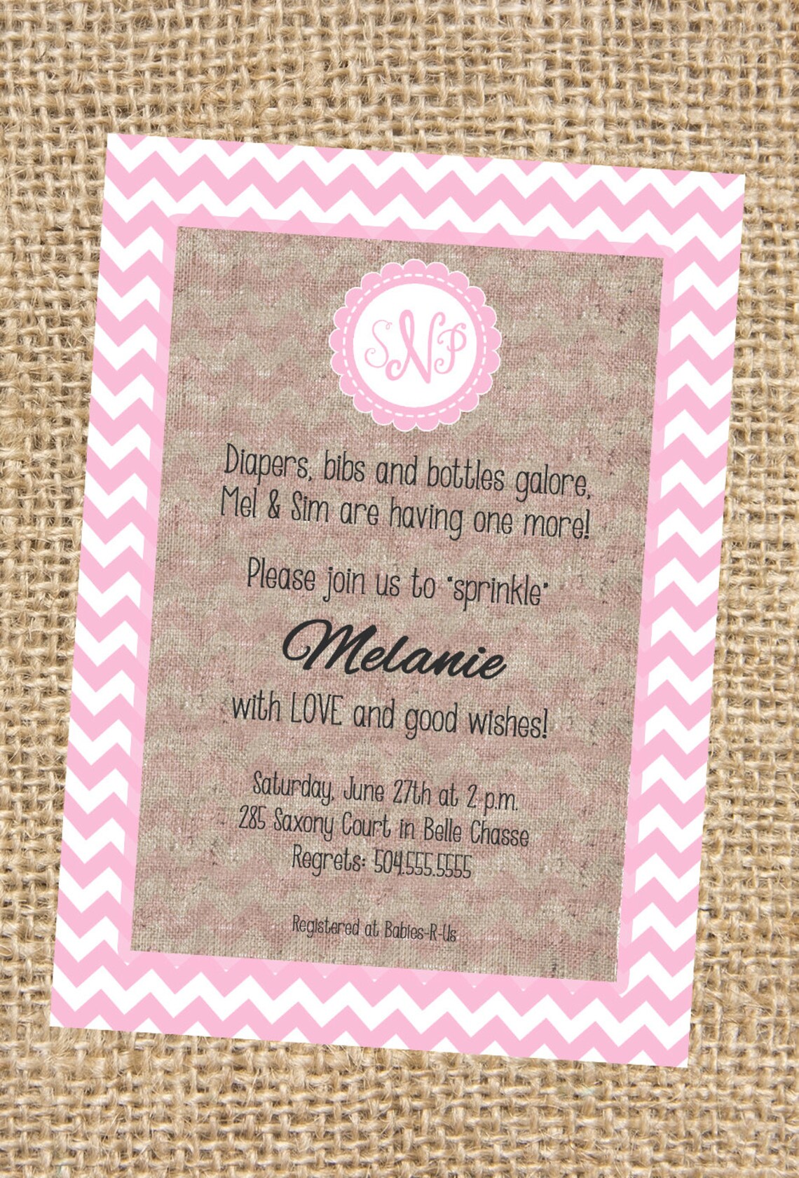 Monogram Pink Chevron Burlap Baby Shower Invitation, Sprinkle ...