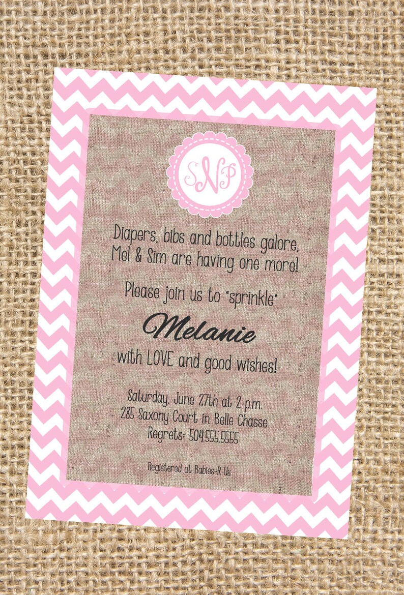 Monogram Pink Chevron Burlap Baby Shower Invitation, Sprinkle ...