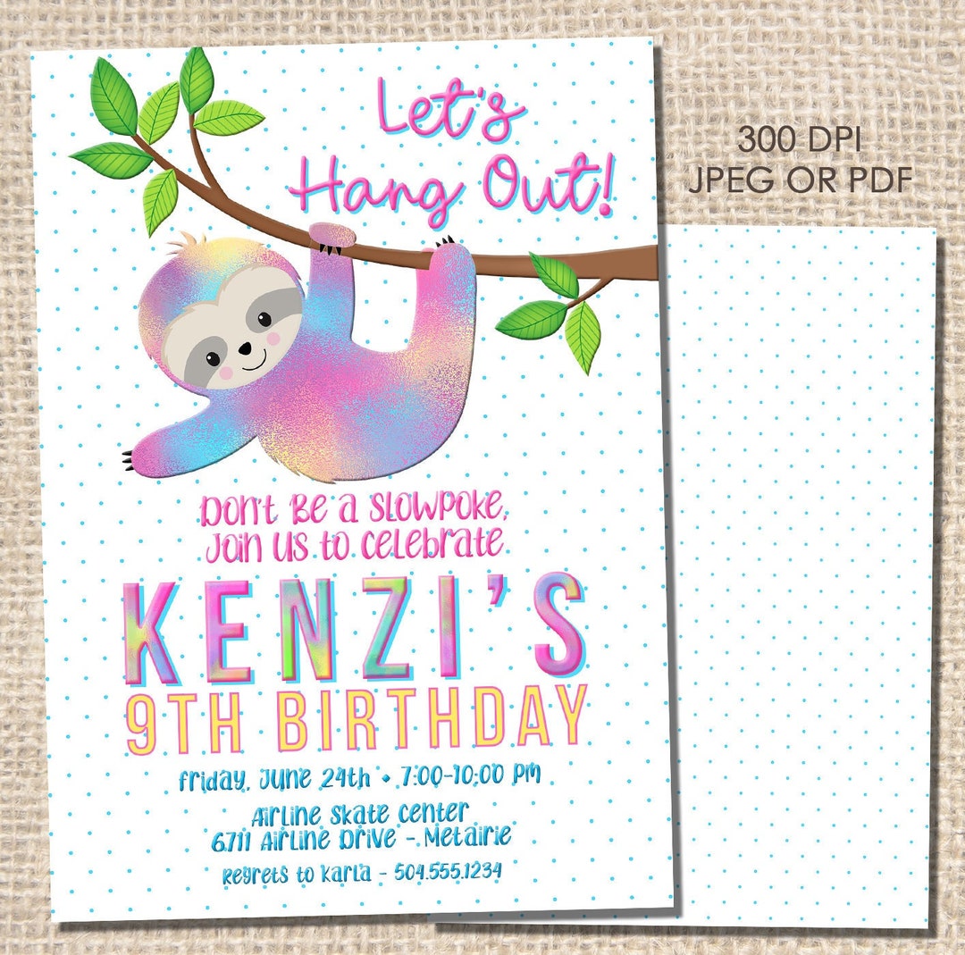 Sloth Invitations, Rainbow Sloth Invitations, Sloth Birthday ...