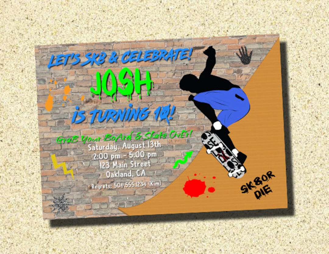 Skateboard Invitation, Skater Invitation, Skateboard Birthday ...