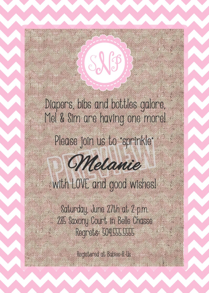 Monogram Pink Chevron Burlap Baby Shower Invitation, Sprinkle ...