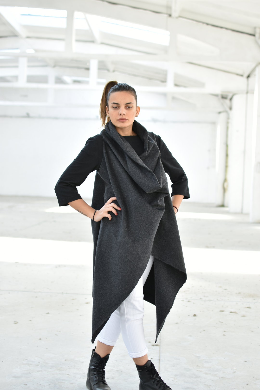 Avant Garde Vest With Gathered Collar, Wool Asymmetrical Warm Vest ...