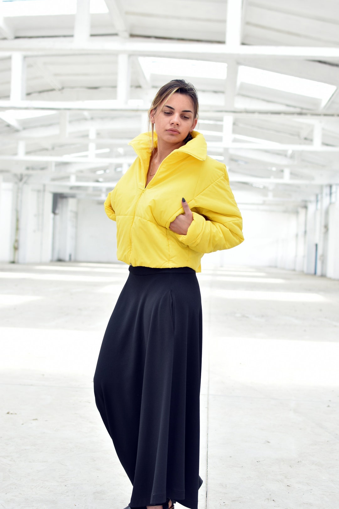 Yellow Puffer High Neck Jacket, Cropped Futuristic Jacket, Avant Garde ...