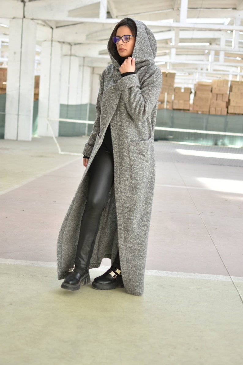 Mohair Wool Maxi Cardigan Coat With Hood, Oversized Gray Extra Long ...
