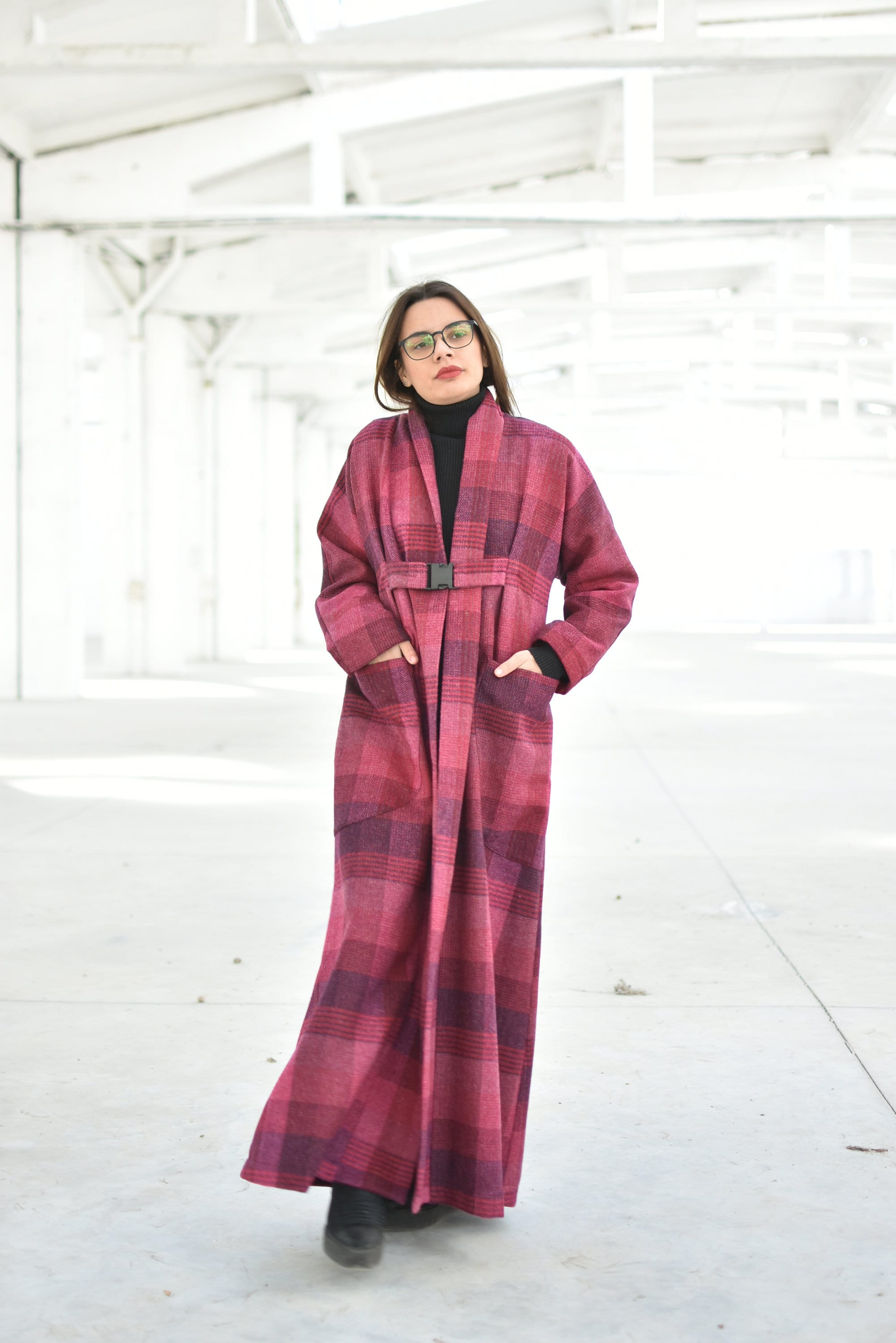 Pink Plaid Maxi Coat Merino Wool Coat Floor Length Coat - Etsy