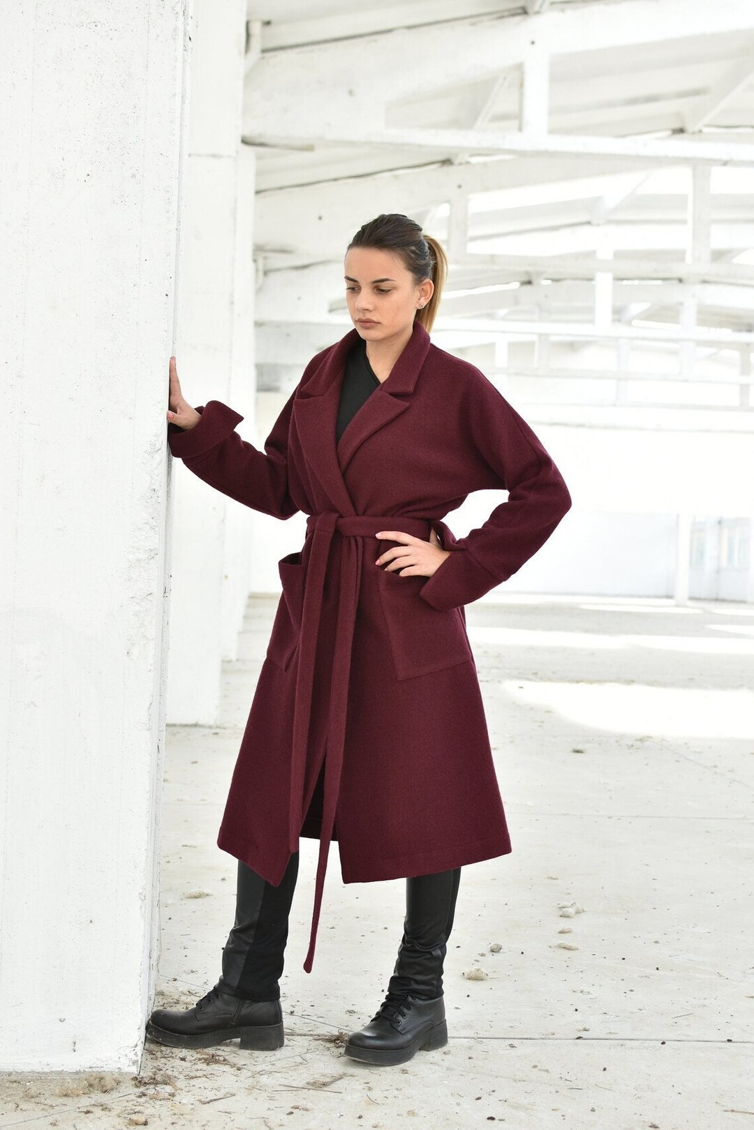Wool Elegant Coat, Winter Overcoat, Burgundy Coat, Wool Long Coat ...