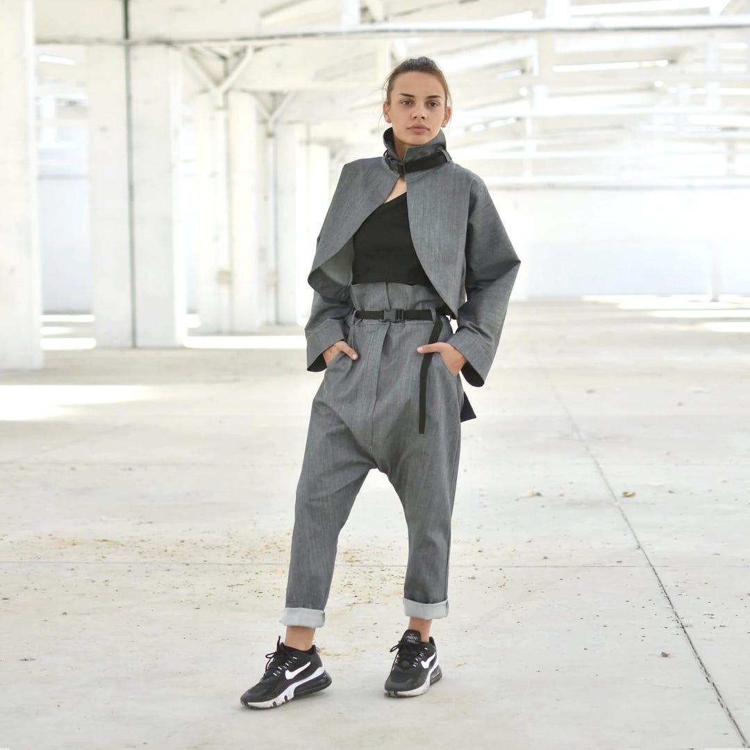 Extravagant Two Piece Denim Co-ord Outfit, Funnel Neck Jacket & Harem ...