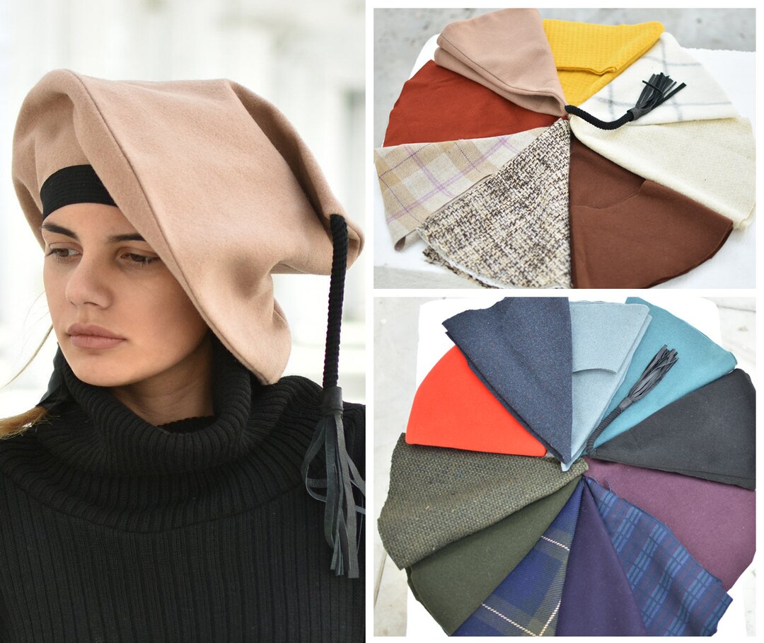 Women Wool Beret, Beige Tassel Hat, Extravagant Hat, Oversized Winter ...