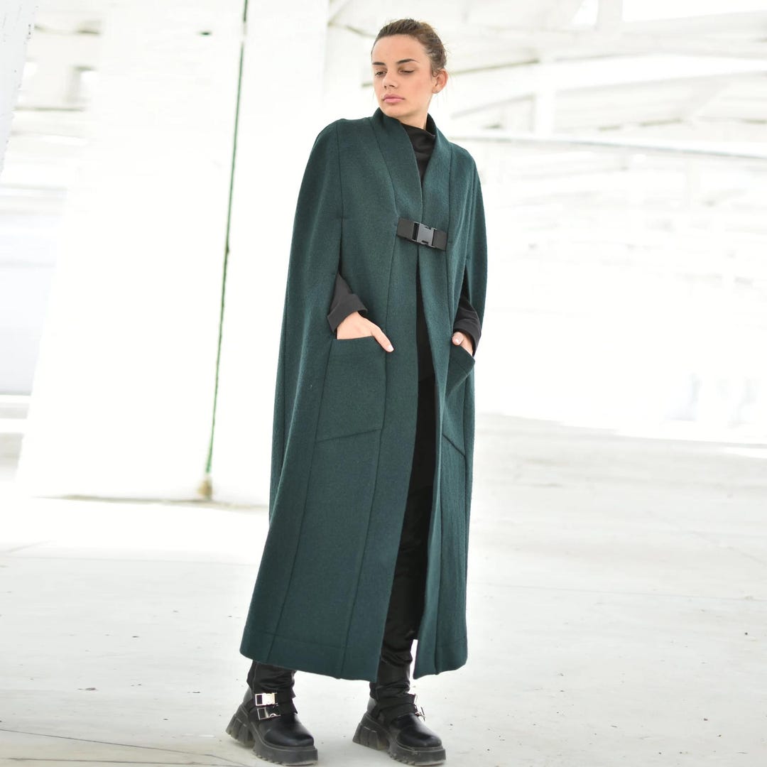 Elegant Long Cloak Coat, Petrol Green Cape Coat, Wool Winter Coat With ...