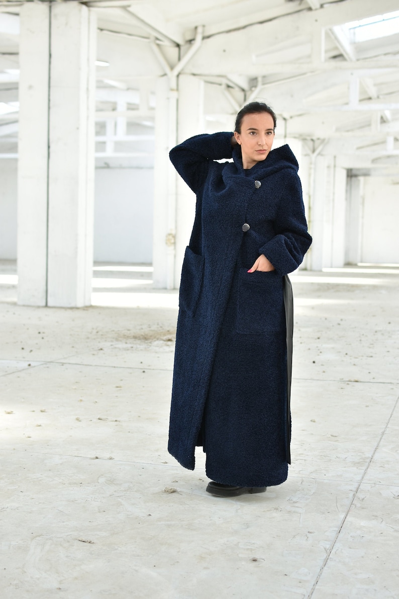 Wool Long Coat Gothic Coat Dark Blue Coat Hooded Winter - Etsy