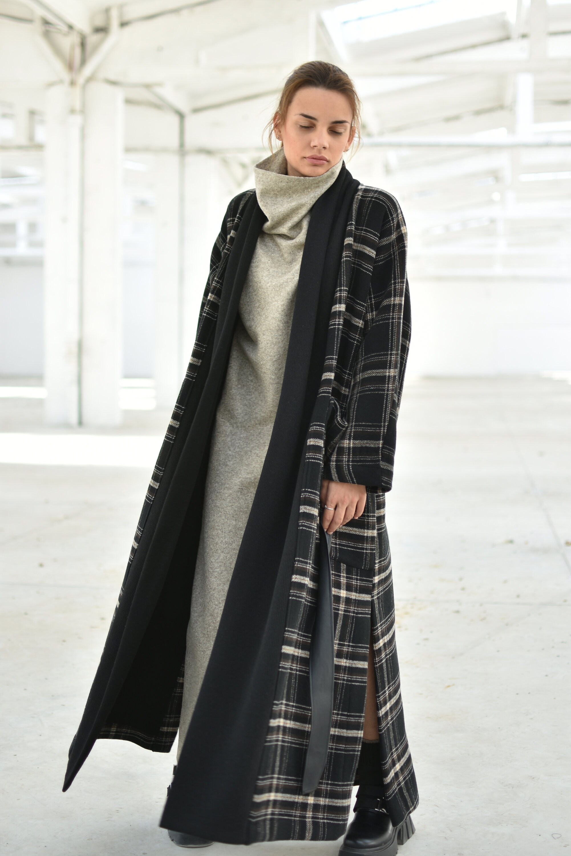 Wool Tartan Plaid Coat, Winter Maxi Cardigan Coat, Warm Slit Coat ...