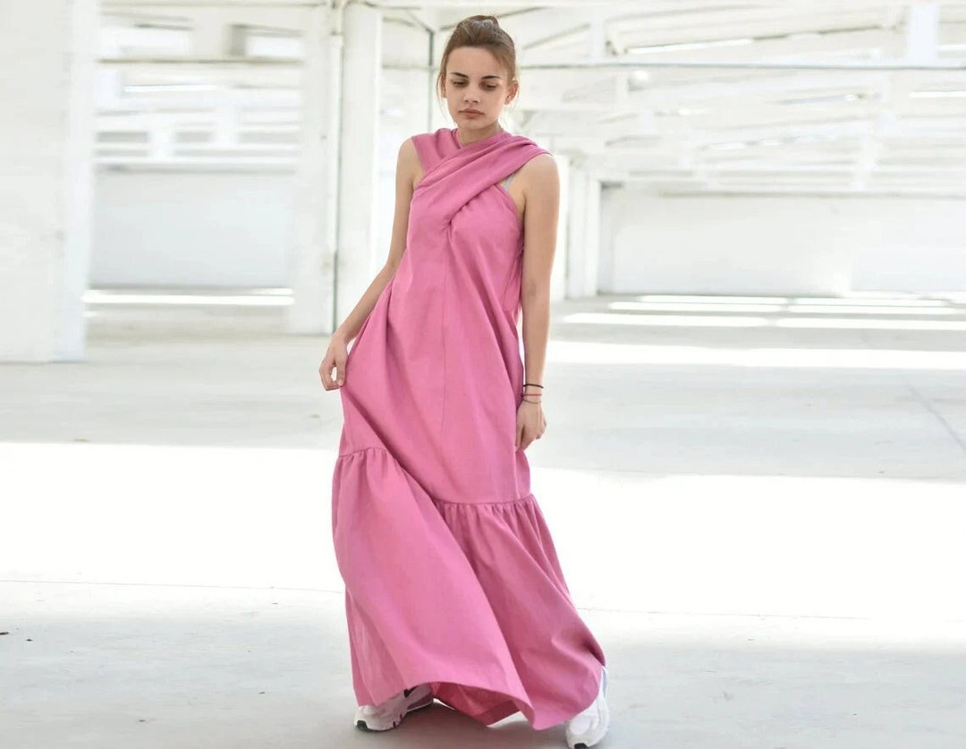 Pink Linen Dress, Linen Kaftan Dress, Bohemian Clothing, Linen Maxi ...