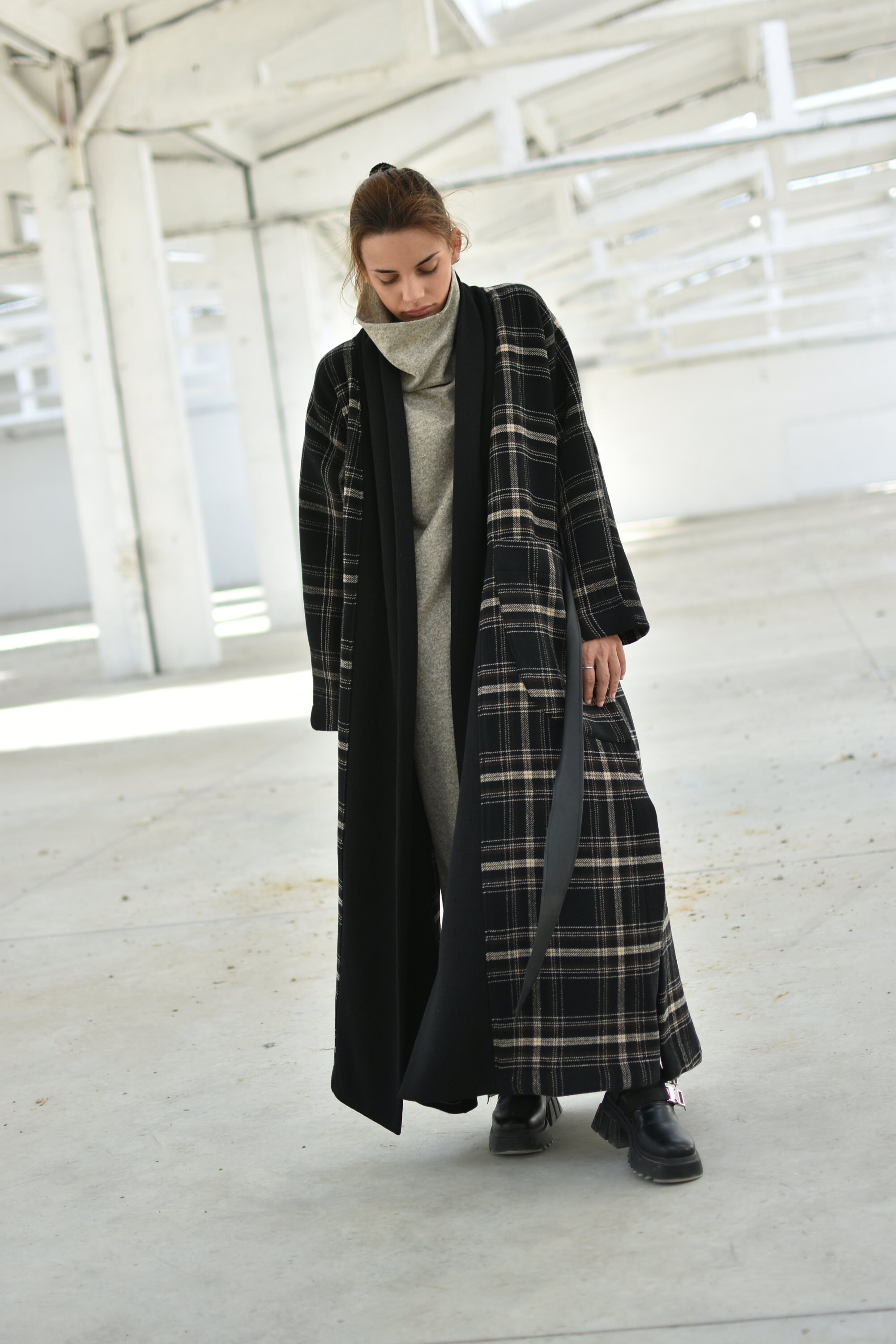 Wool Tartan Plaid Coat, Winter Maxi Cardigan Coat, Warm Slit Coat ...