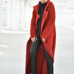 Red Wool Fleece Coat, Maxi Hooded Fuzzy Coat, Warm Winter Clothing ...