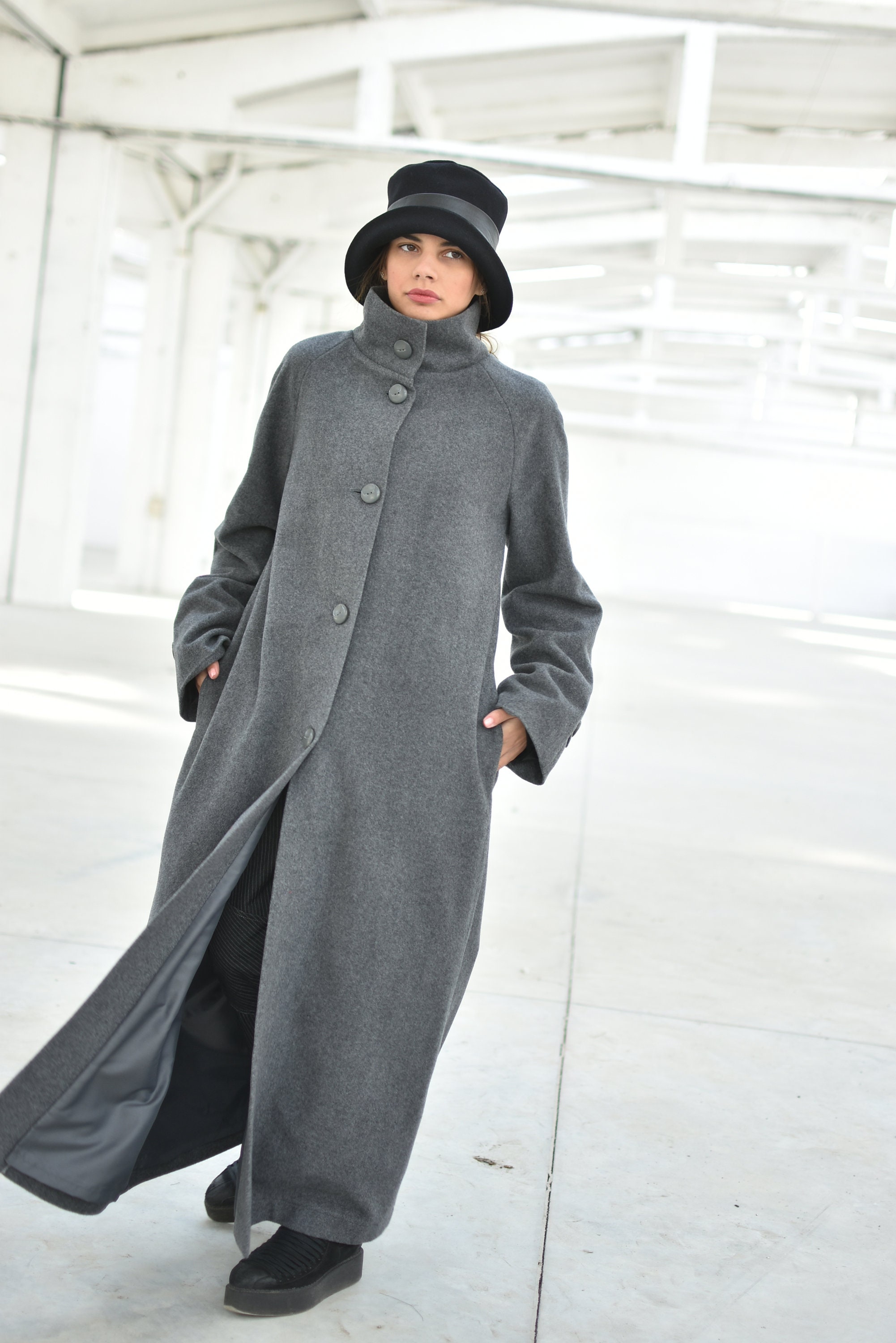 Grey Winter Wool Coat, High Neck Maxi Coat, Women Wool Grey Winter Wool Coat, High Neck Maxi Coat, Women Wool