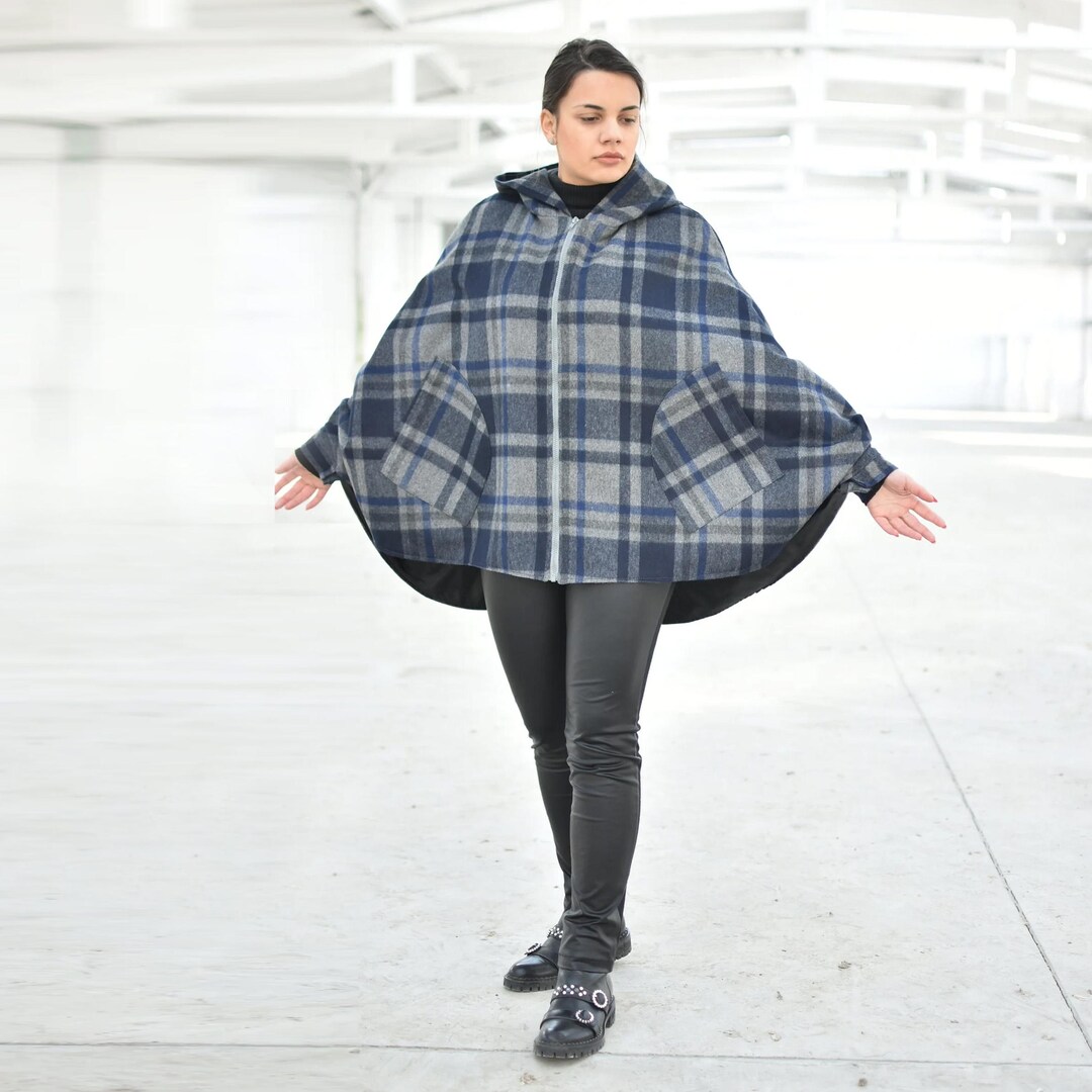 Blue Plaid Cape, Wool Cape Coat, Short Cloak Coat, Winter Cloak, Tartan ...
