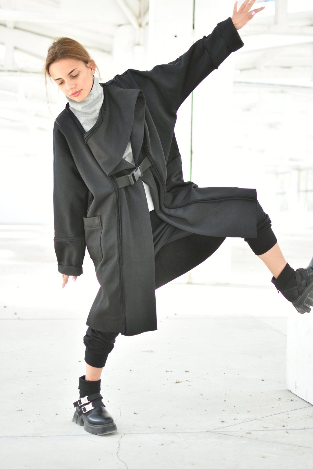 Black Extravagant Cardigan With Belt, Futuristic Cardigan, Steampunk ...
