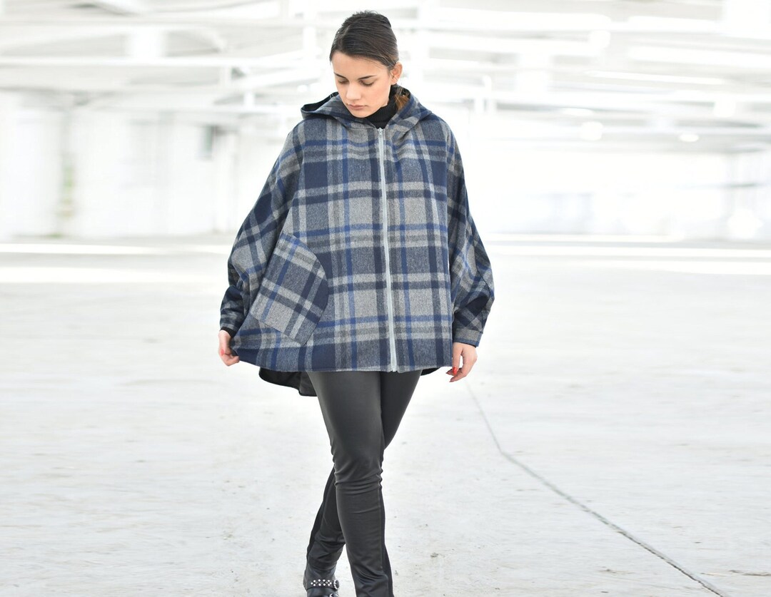 Blue Plaid Cape, Wool Cape Coat, Short Cloak Coat, Winter Cloak, Tartan ...