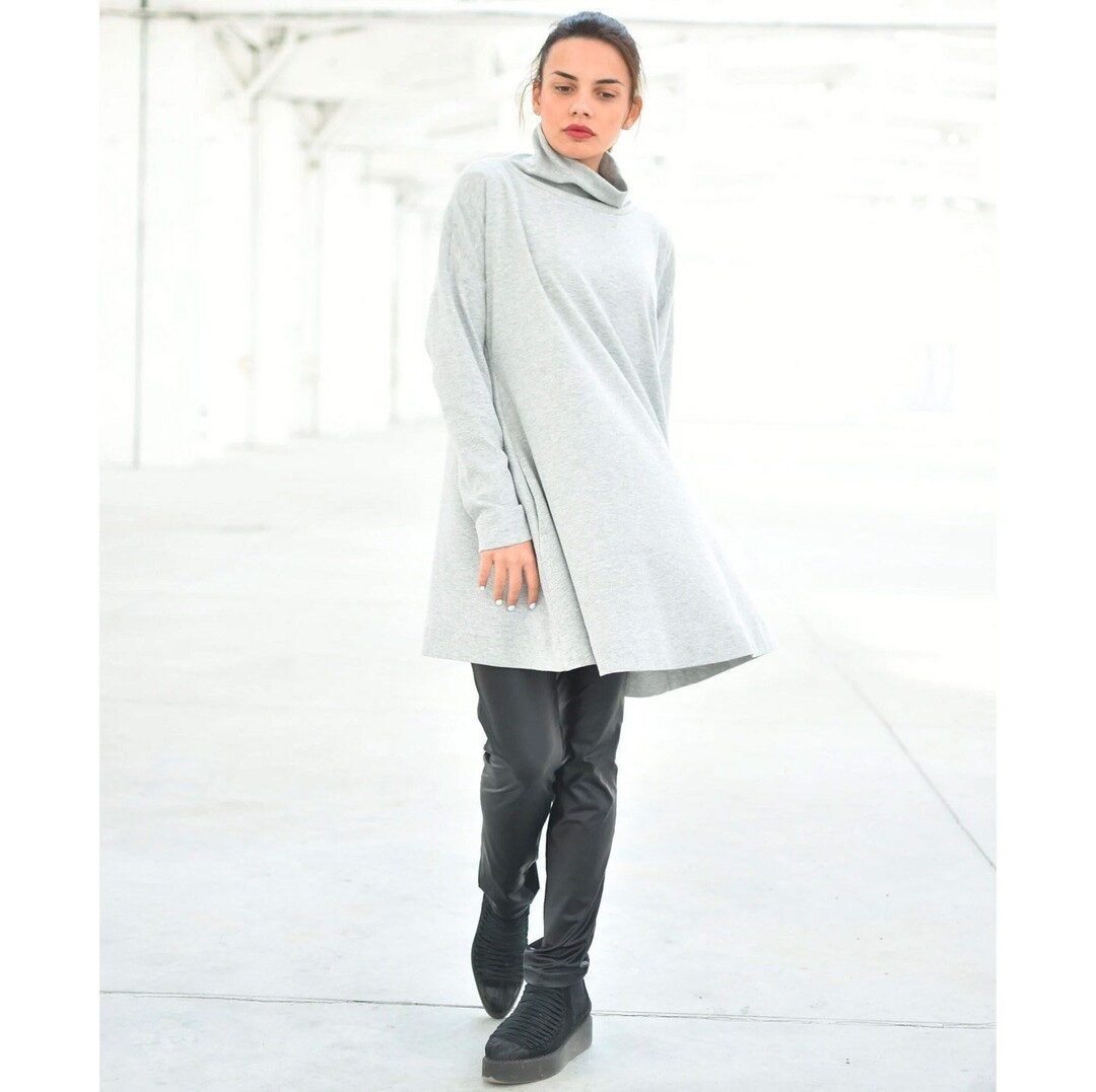 Gray Flare High Neck Tunic Dress for Women, Turtleneck Cotton Tricot ...