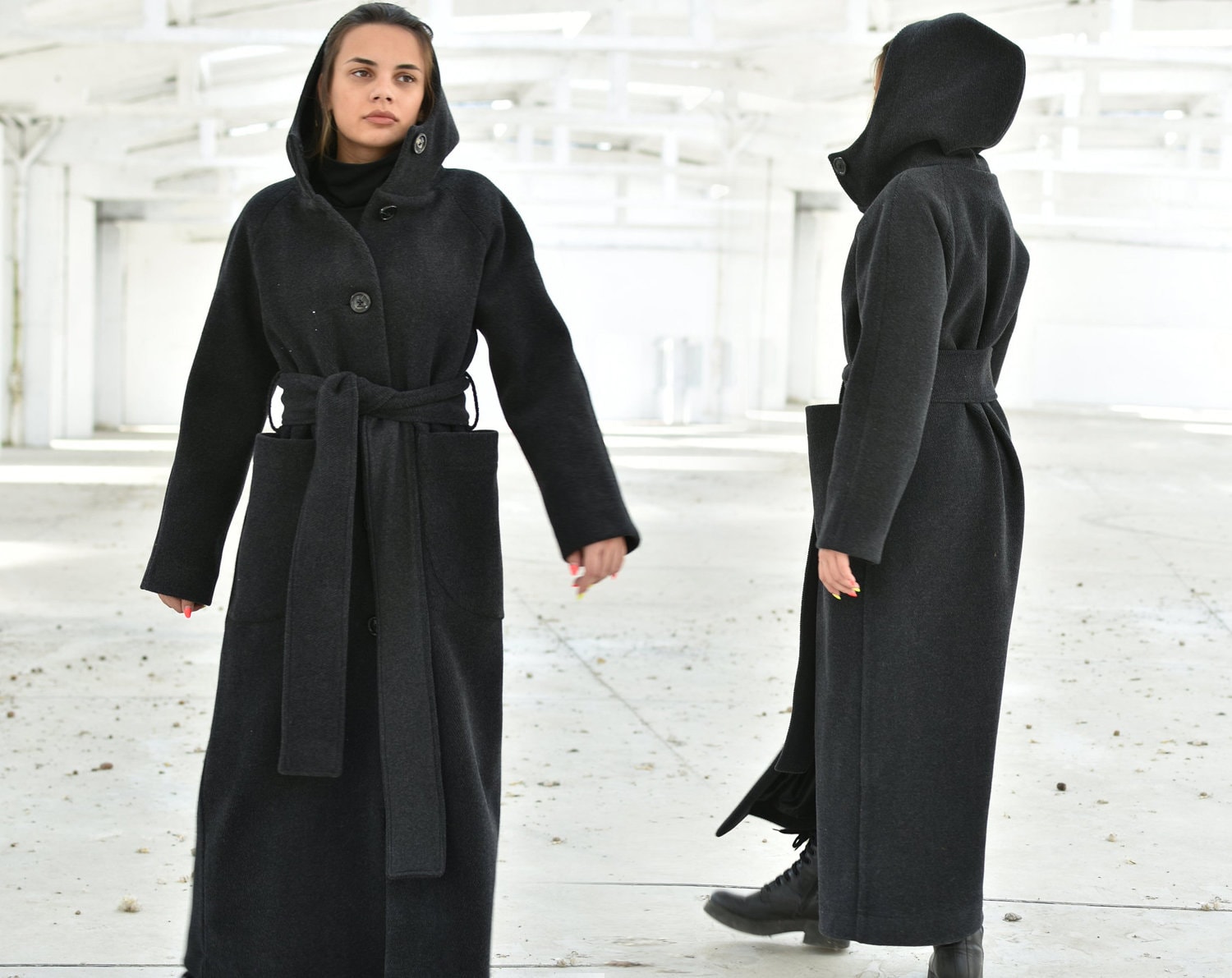 Hooded Wool Coat With Large Pockets Long Gothic Overcoat Plus | Etsy