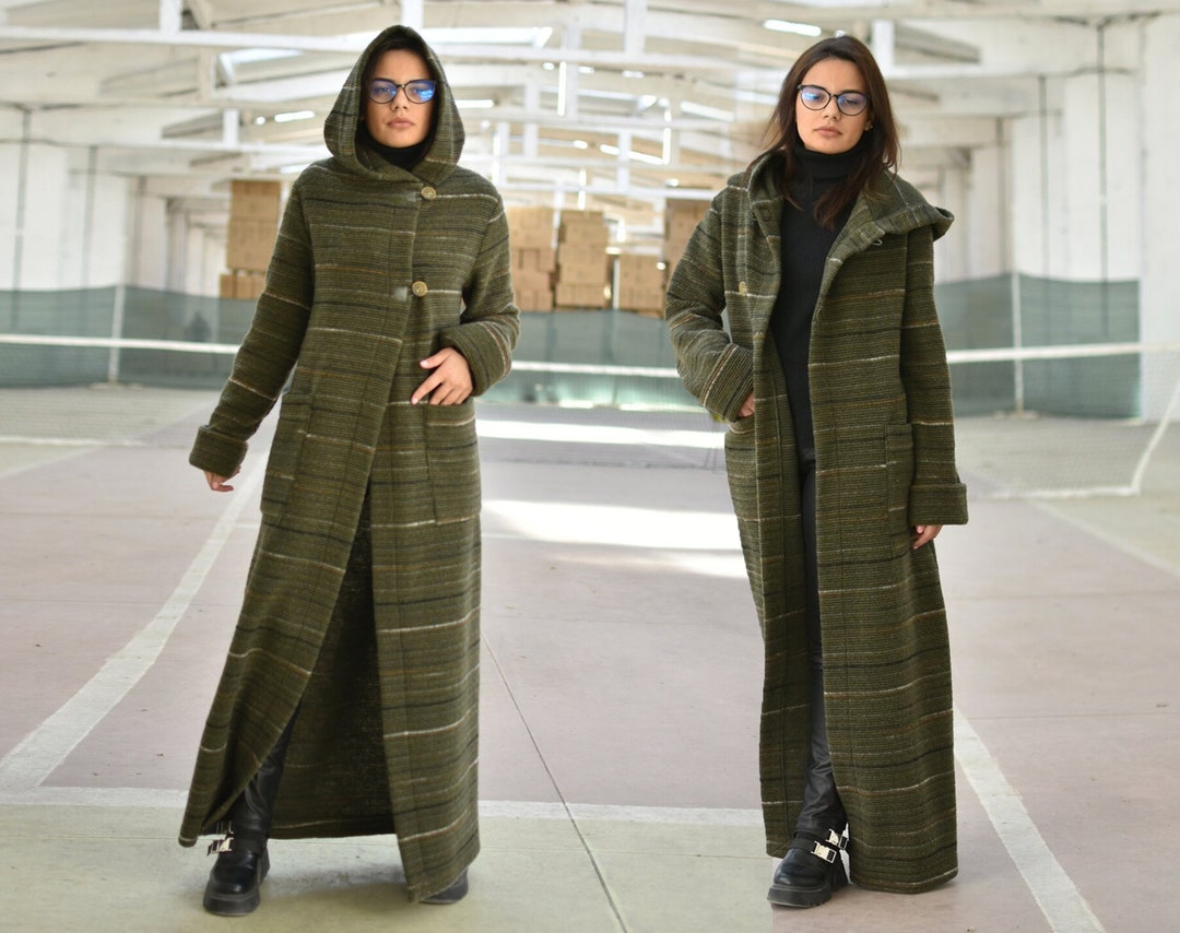 Hooded Wool Cardigan Coat, Forest Green Longline Cardigan, Long Maxi ...