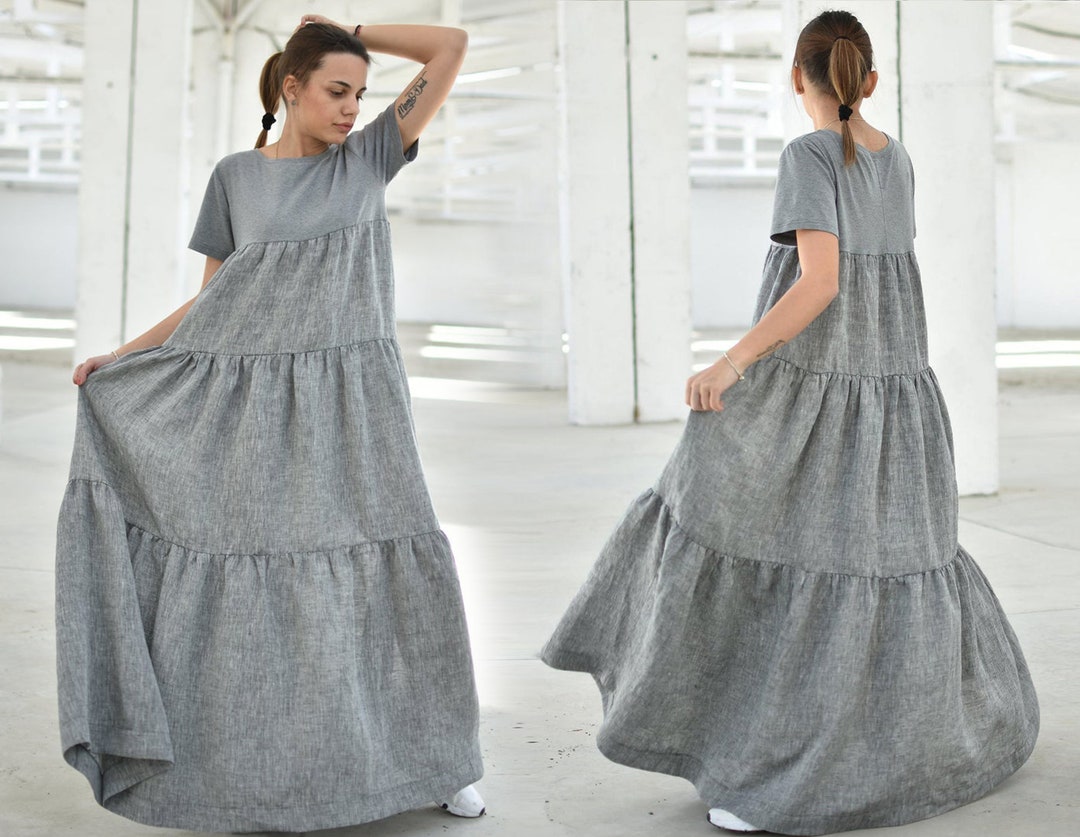Linen Kaftan Tiered Dress, Gray Ruffle Dress, Short Sleeve Maxi Dress ...