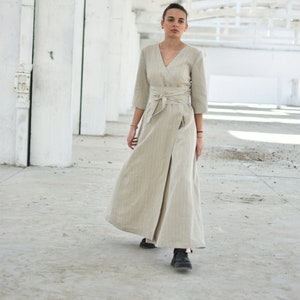 Linen Wrap Maxi Dress, Beige Cottagecore Dress, Summer Wedding Guest ...