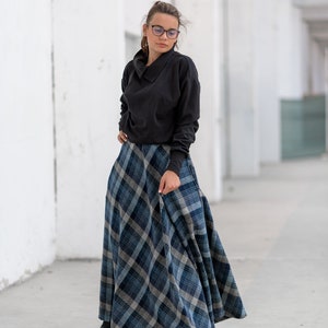 Blue Wool Plaid Skirt, Winter Tartan Maxi Skirt, Edwardian Walking Skirt, Scottish Outlander ...