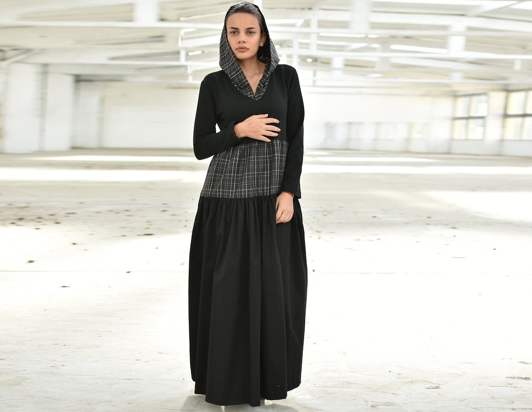 Black Maxi Dress, Gothic Dress, Avant Garde Hooded Dress, Cyberpunk ...