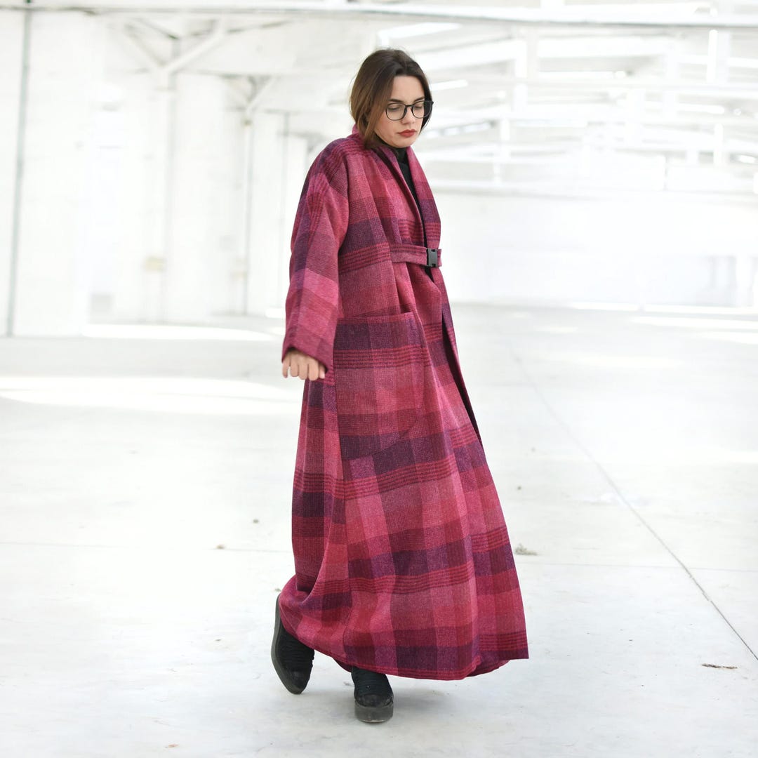 Wool Plaid Maxi Coat, Fuchsia Merino Statement Coat, Floor Length ...