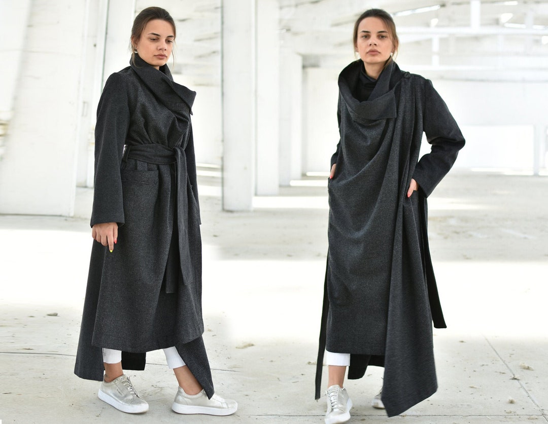Black Wool Coat, Futuristic Maxi Coat, Cybergoth Trendy Cowl Neck Coat ...