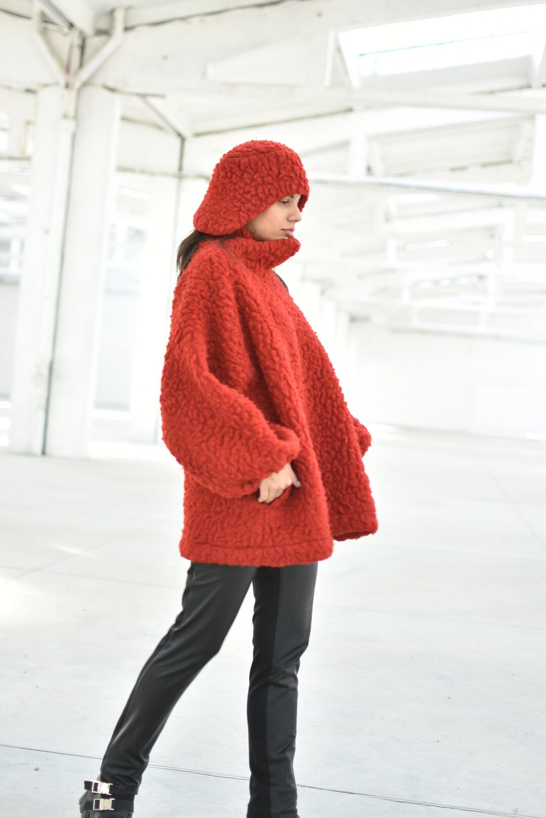 Red Mohair Hat, Wool Tapper Winter Hat, Ruby Textured Hat, Boucle Wool ...