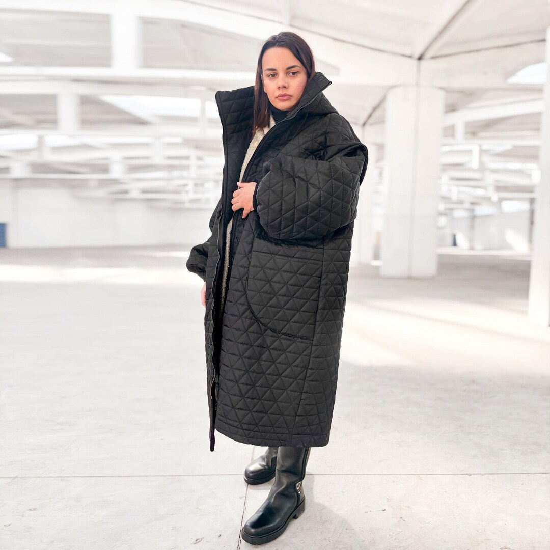 Long Hooded Quilt Coat, Black High Neck Maxi Puffer Jacket, Oversized ...
