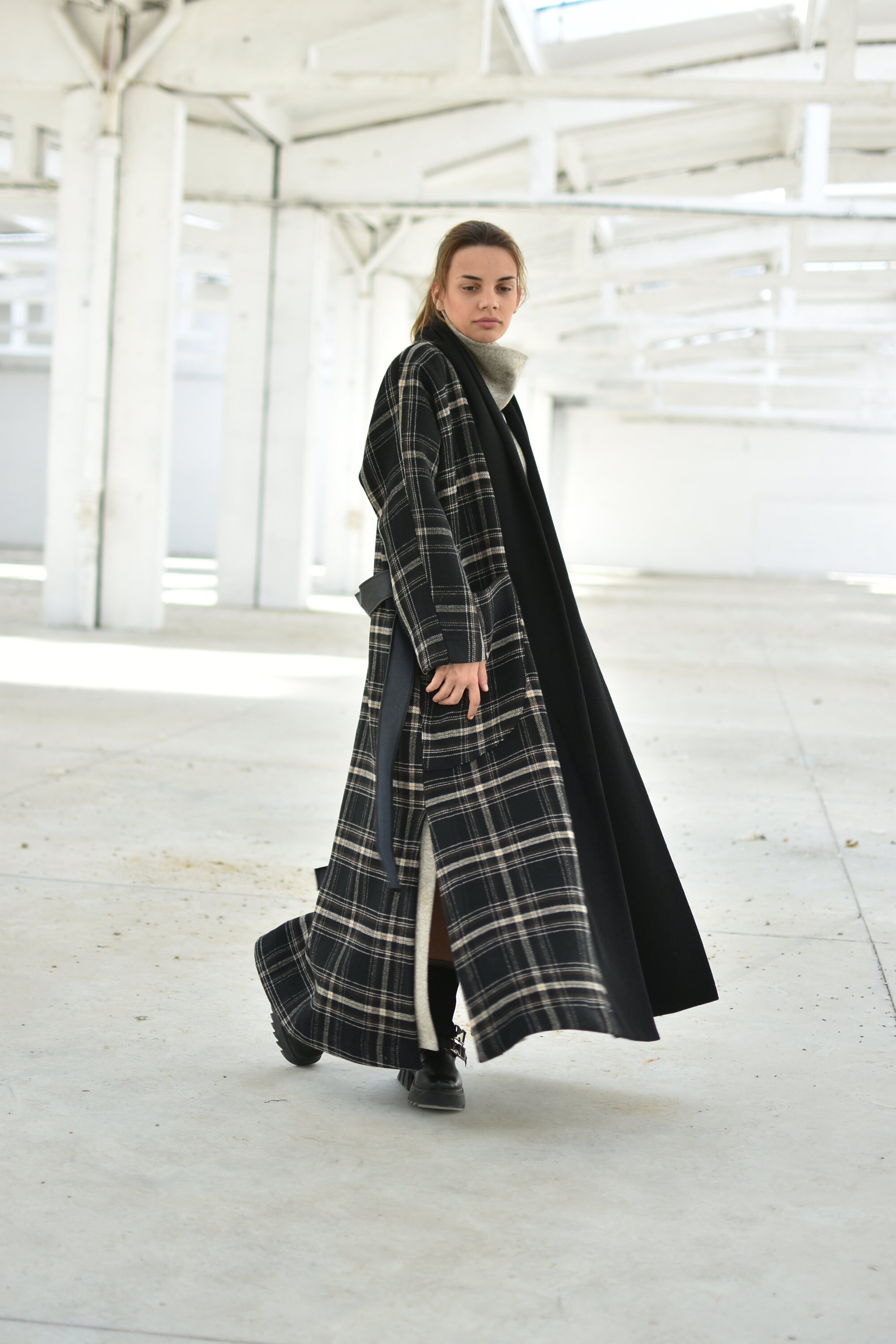 Wool Tartan Plaid Coat, Winter Maxi Cardigan Coat, Warm Slit Coat ...