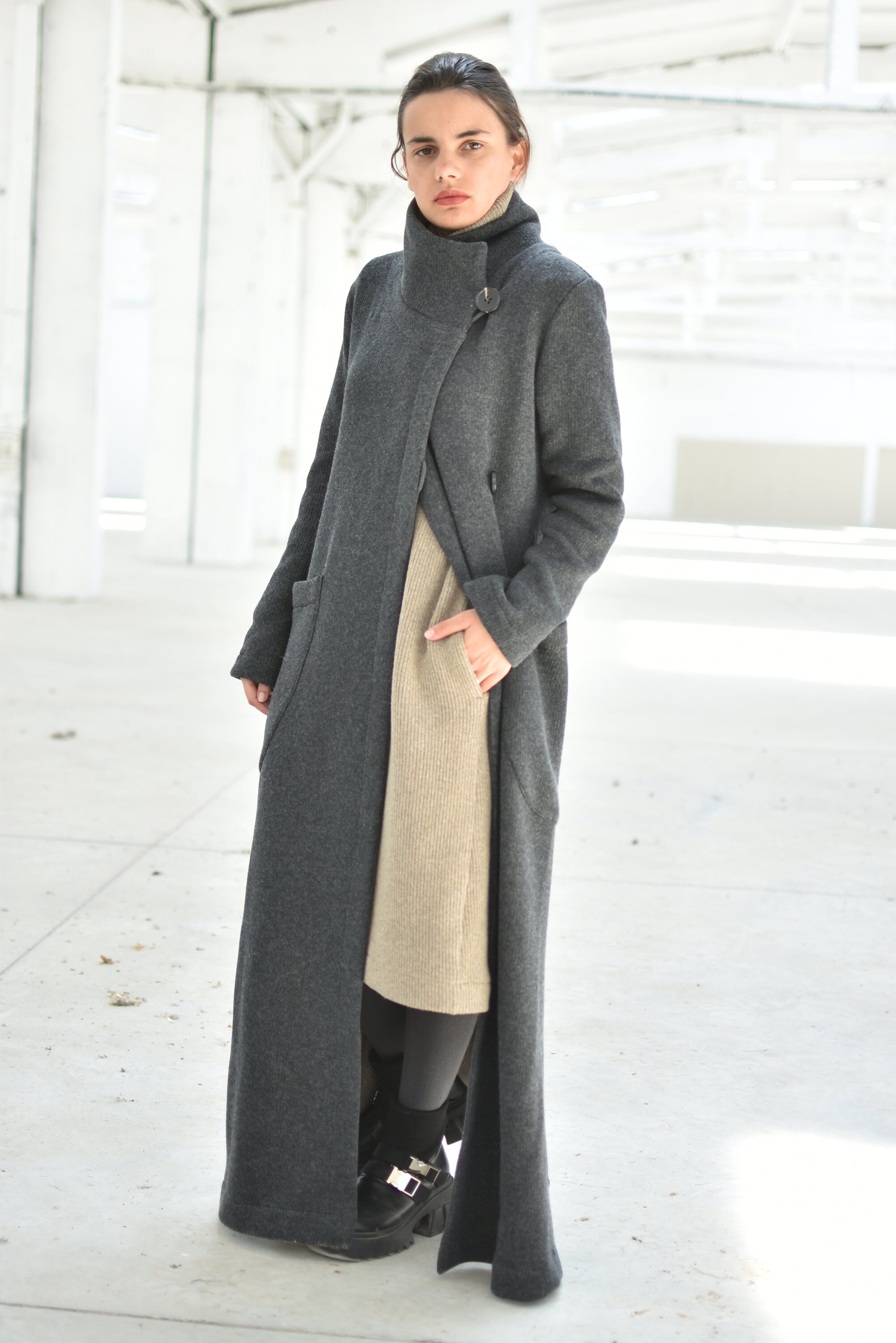 Long Wool Knit Cardigan With High Collar, Maxi Cardigan Coat, Plus Size ...
