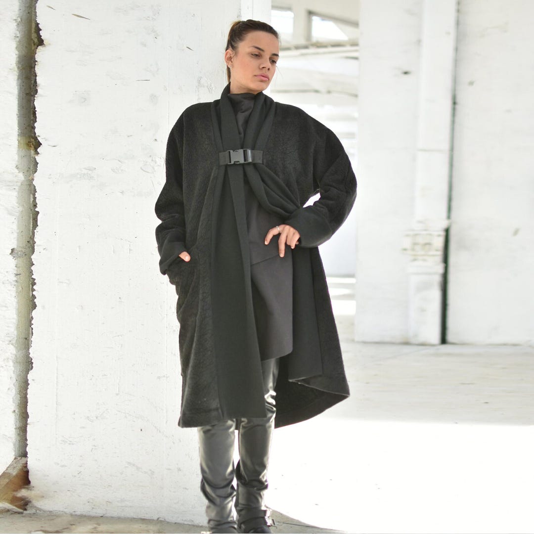 Midi Suede Winter Coat, Black Eco Leather Coat, Avant Garde Shawl ...