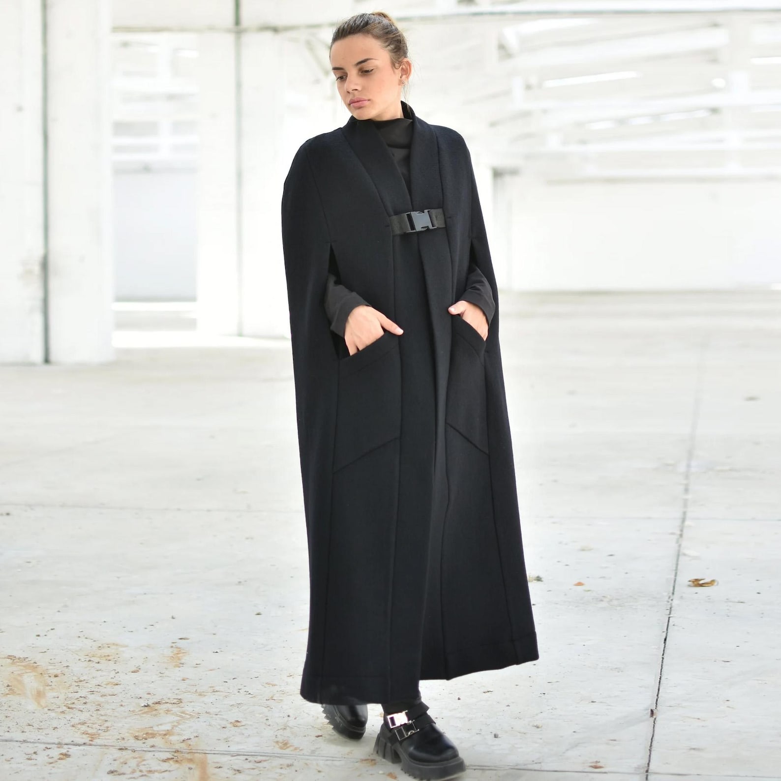 Black Wool Maxi Coat, Elegant Long Cape Coat, Merino Warm Winter Cloak ...