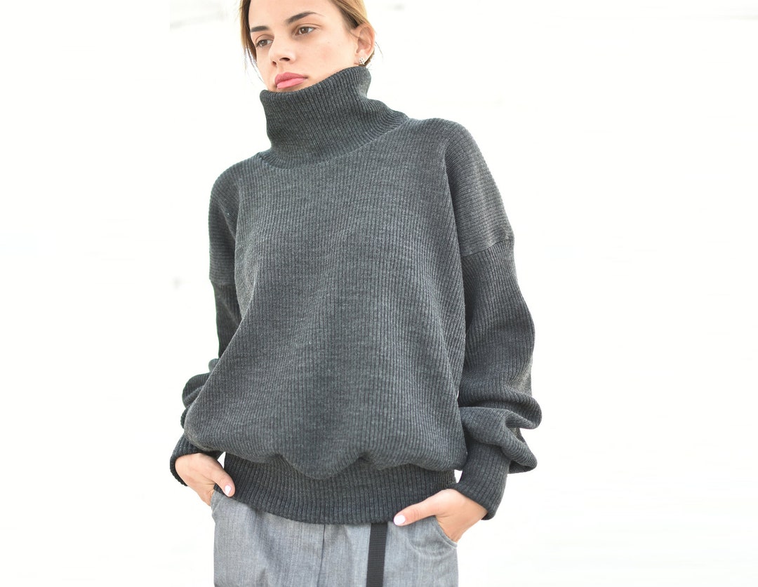Dark Grey Wool Sweater, Knit Turtleneck Pullover, High Neck Wool Jumper ...