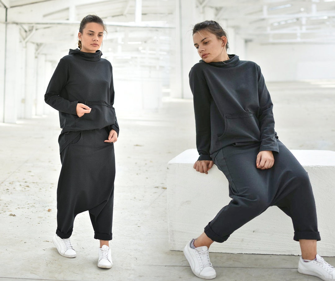 Women Black Set, Set of 2, Urban Clothing, Black Sweatshirt, Harem ...