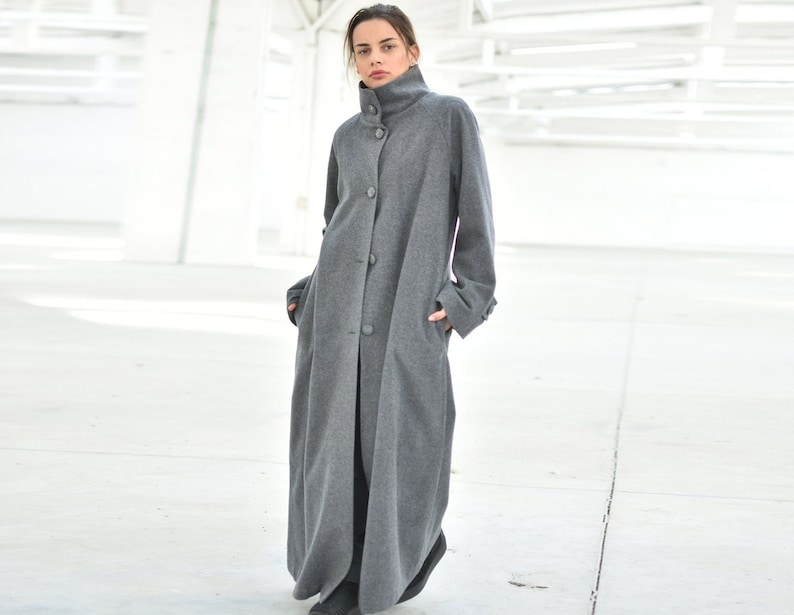 Grey Winter Wool Coat, High Neck Maxi Coat, Women Wool Outerwear, Long ...