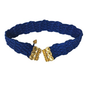 YVES SAINT LAURENT Rare 1980s Blue Elastic Ysl Heart Logo Monogram Waist Belt With Gold Buckle ...