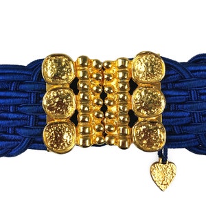 YVES SAINT LAURENT Rare 1980s Blue Elastic Ysl Heart Logo Monogram Waist Belt With Gold Buckle ...