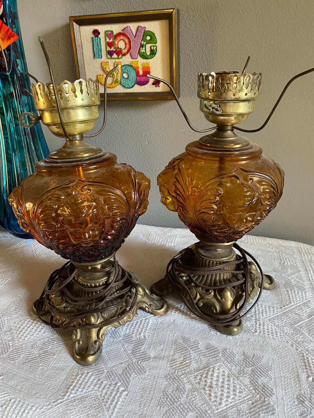 Vintage Set of 2 Fenton Cherub Amber Glass Hurricane Lamp Bases - No ...