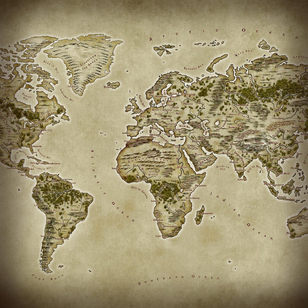 World Map Poster, Fantasy Style Map, Illustrated Large World Map Print ...