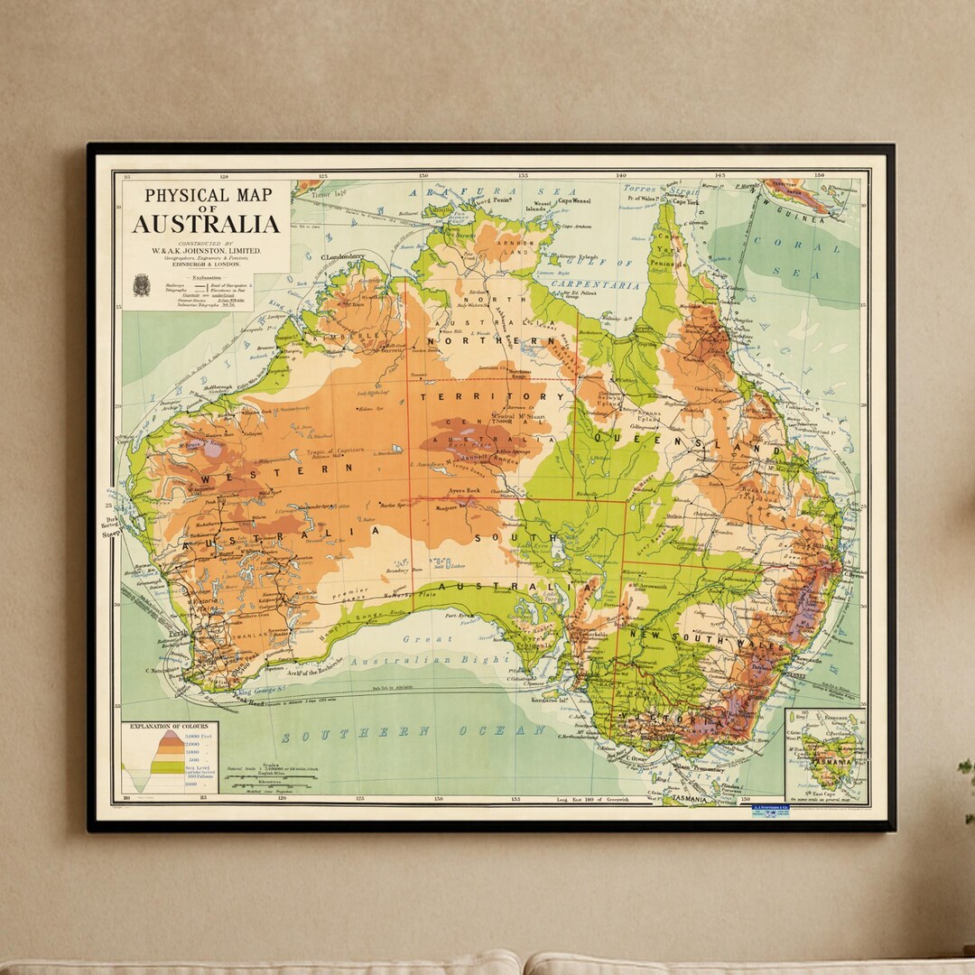 1920s Australia Physical Map Print – Vintage Australian Geography Wall ...