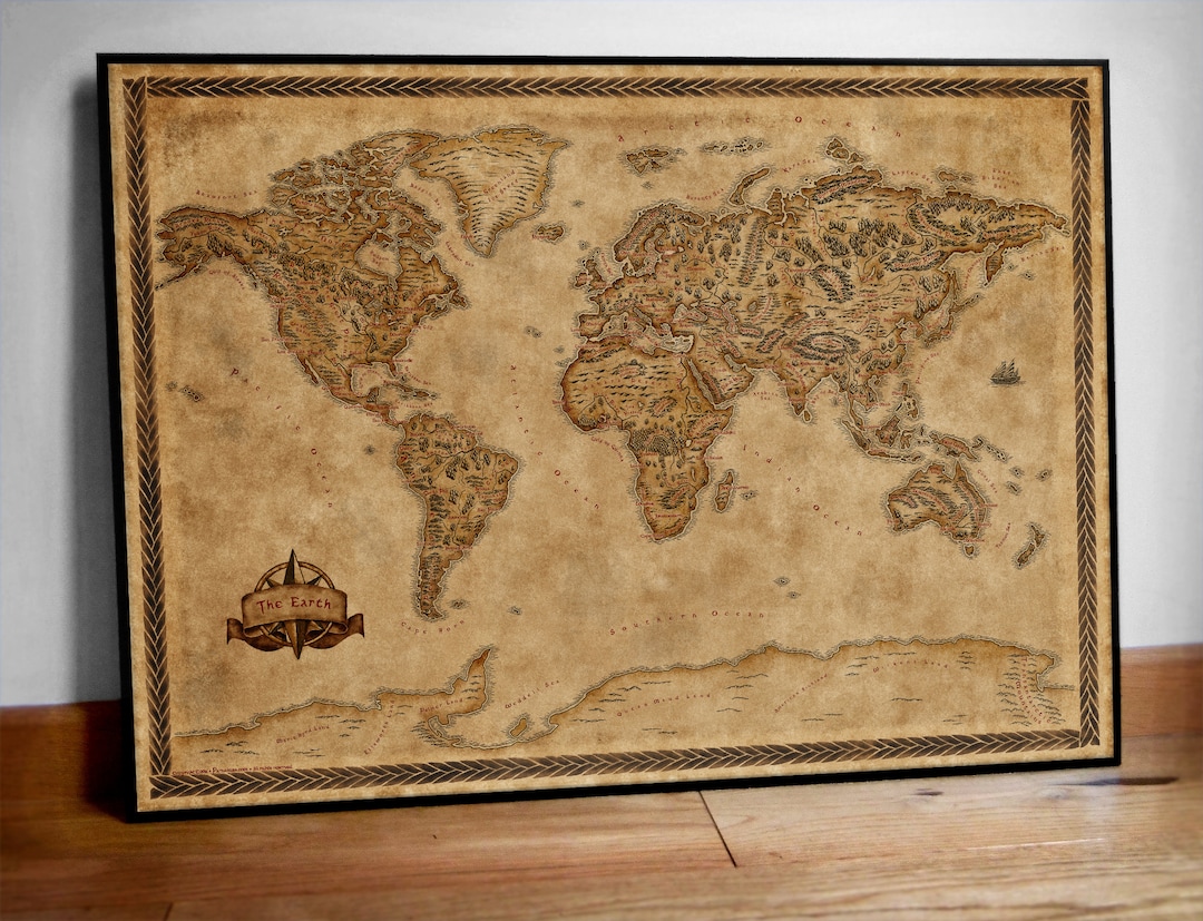 World Map Poster, Middle Earth Style Map, Illustrated Large World Map ...