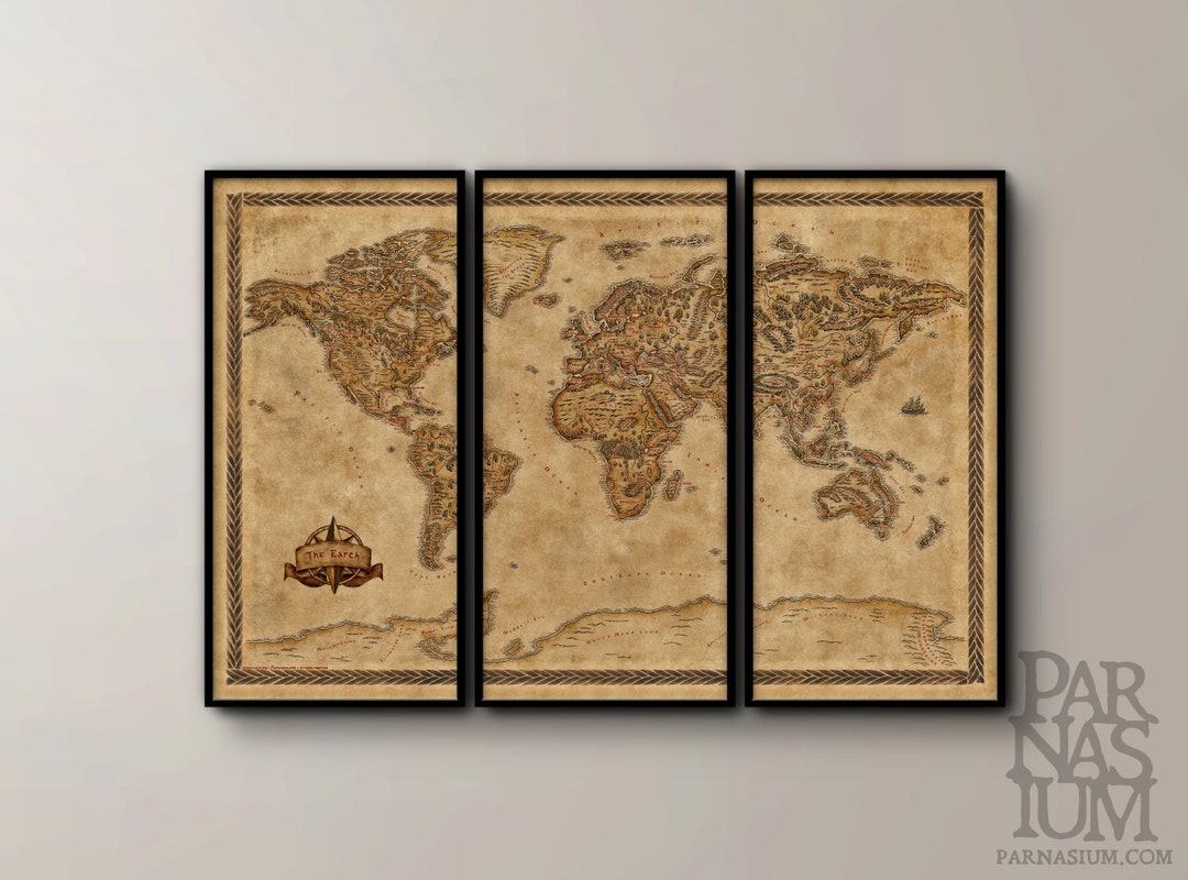 Triptych Fantasy World Map, Illustrated Large World Map Print, Fantasy ...
